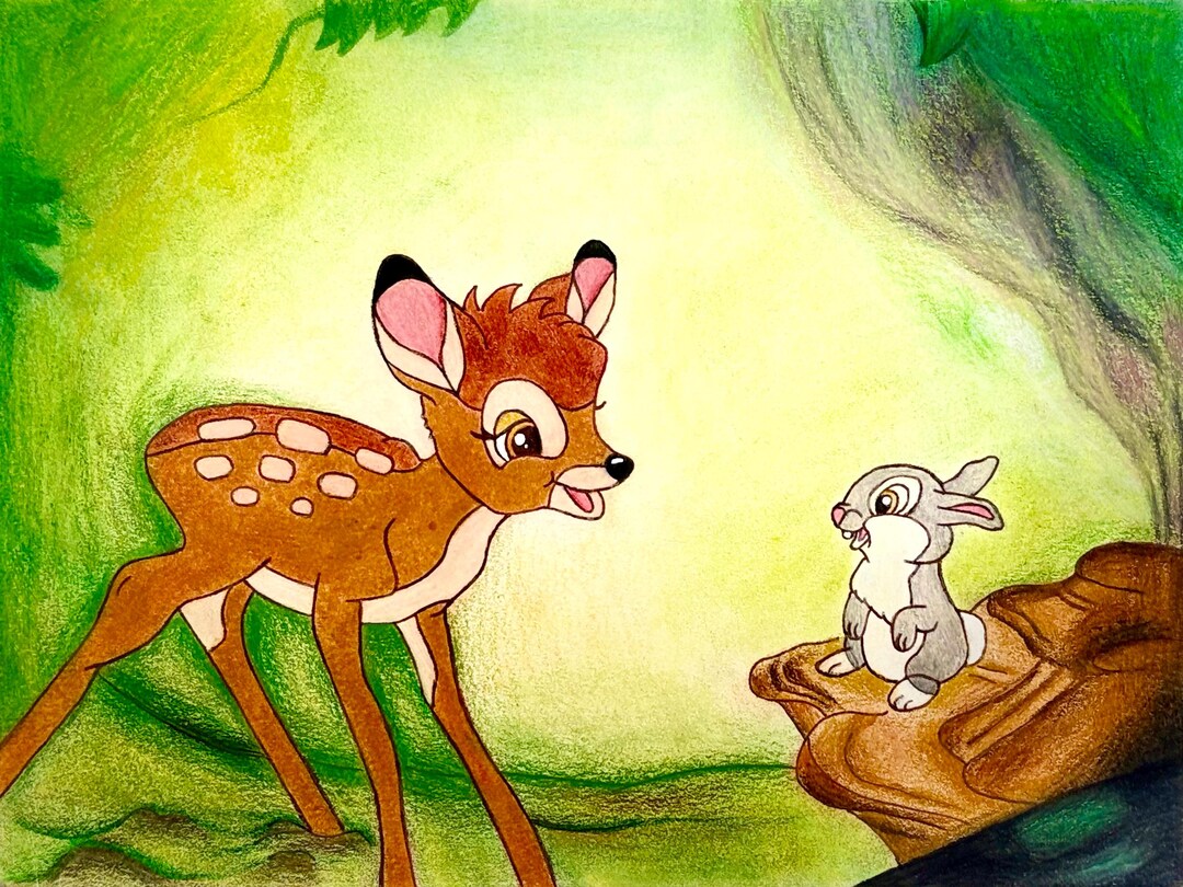 Forest Friends - Cute Chalk Pastel Illustration of Bambi & Bunny (12x9 ...