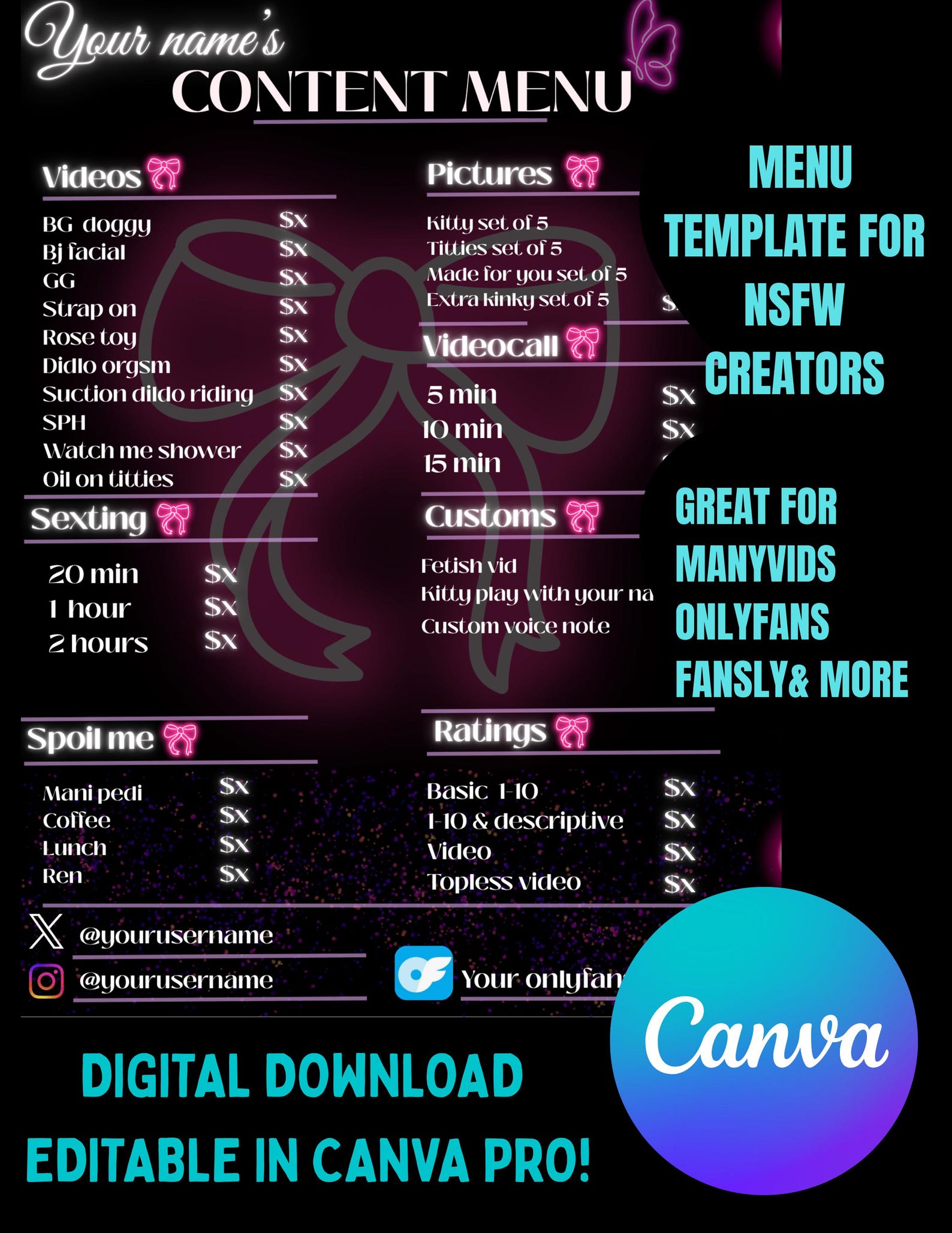 Editable Onlyfans Tip Menu for Nsfw Creators Canva Pro Template - Etsy