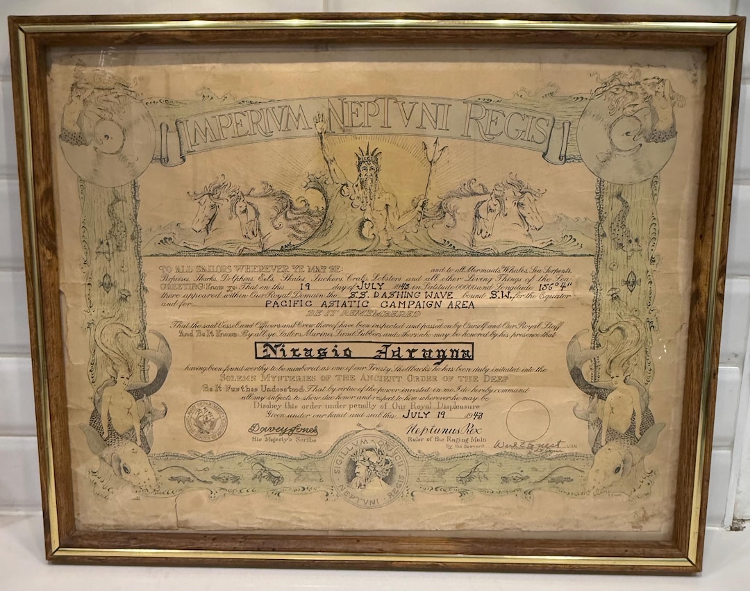 WWII 1943 Navy Shellback Certificate Neptunus Rex Equator Crossing ...