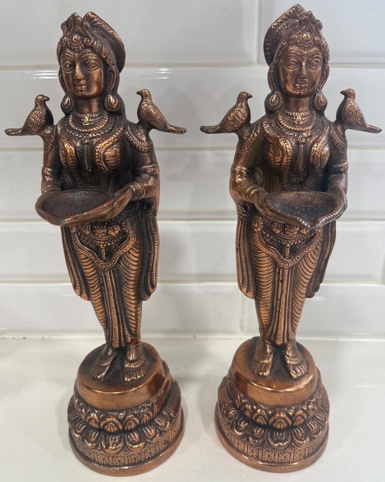 Vintage Pair of Bronze Lakshmi Oil Lamp Statues - Hindu Goddess With ...