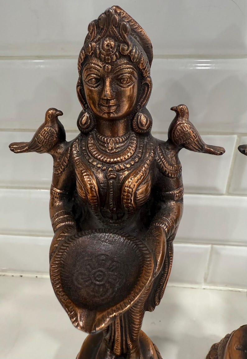 Vintage Pair of Bronze Lakshmi Oil Lamp Statues - Hindu Goddess With ...