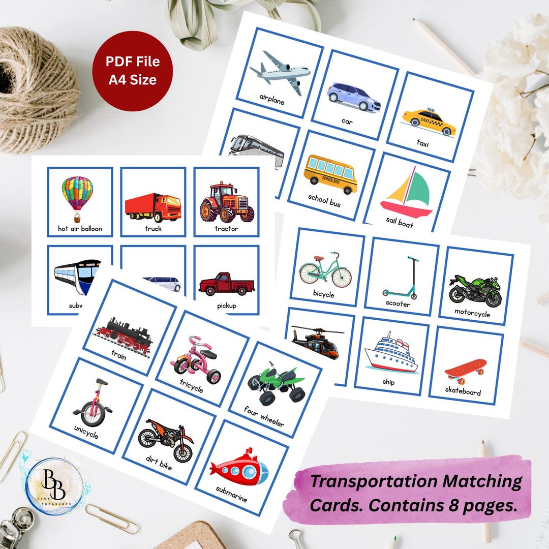 Transportation Matching Cards | Printable Vehicles Flashcards for Kids ...