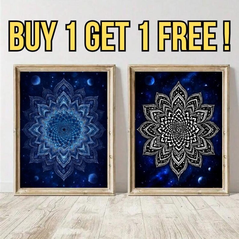 Cosmic Mandala Optical Illusion Digital Wall Art - Blue & Purple ...