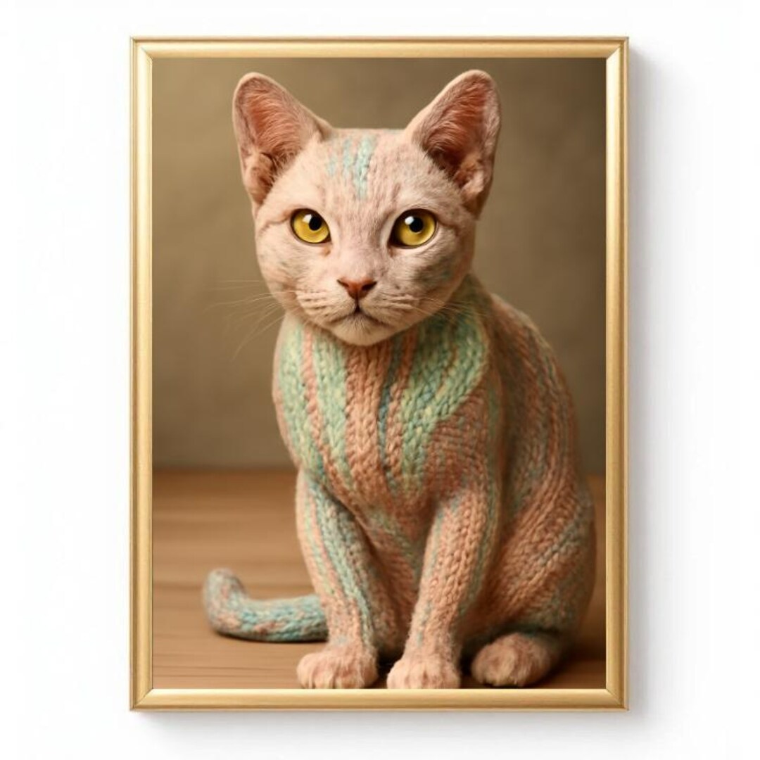 Knit Texture Cat Art Print: Pastel Stripes, Cozy Wall Decor (digital ...