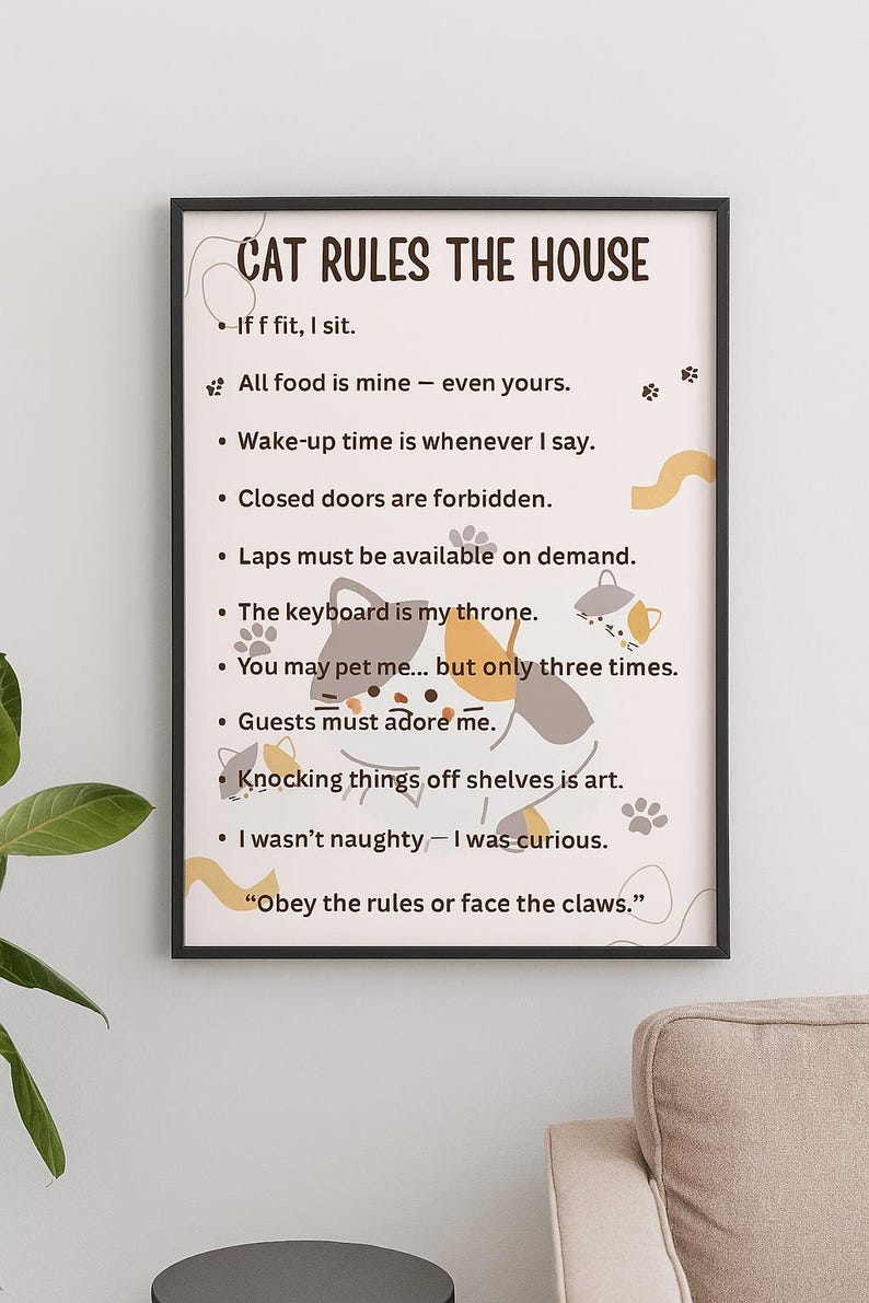 Funny Cat Wall Art Printable | Cat Rules the House Poster | Instant ...