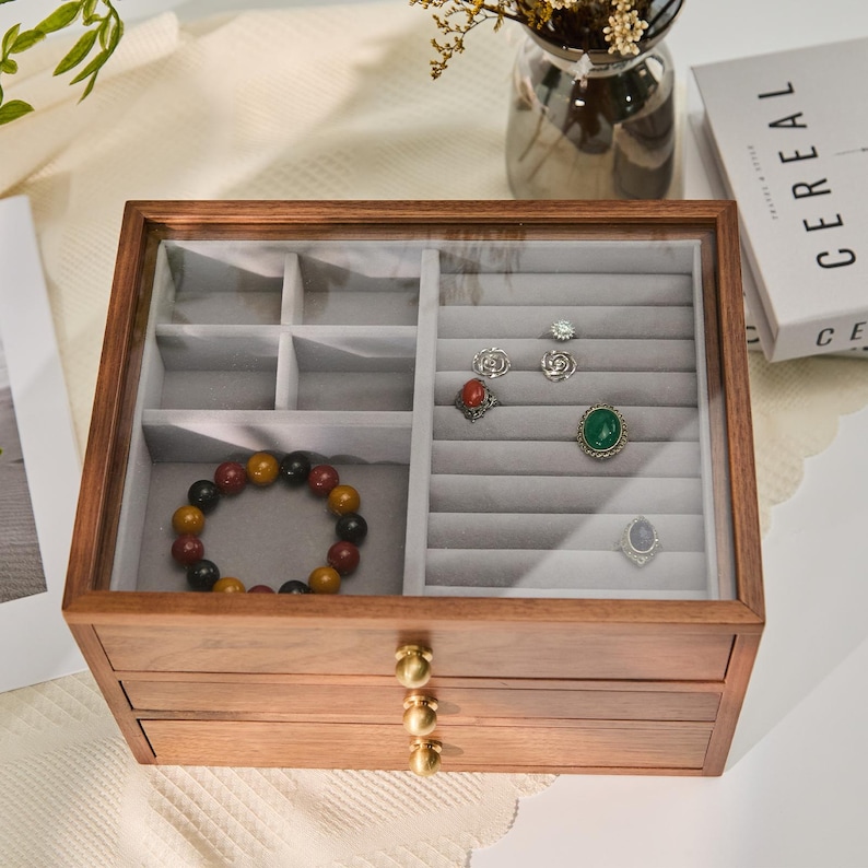Custom Engraved Jewelry Box With Glass Lid 3 Layers Wooden Organizer ...
