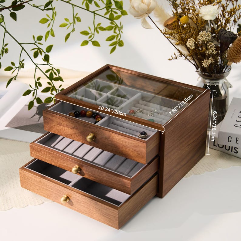 Custom Engraved Jewelry Box With Glass Lid 3 Layers Wooden Organizer ...