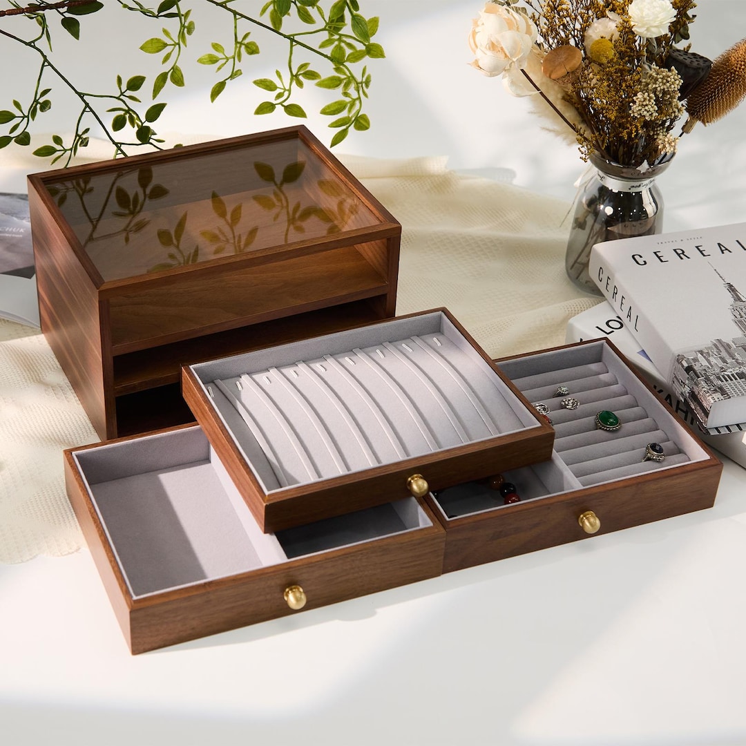 Custom Engraved Jewelry Box With Glass Lid 3 Layers Wooden Organizer ...