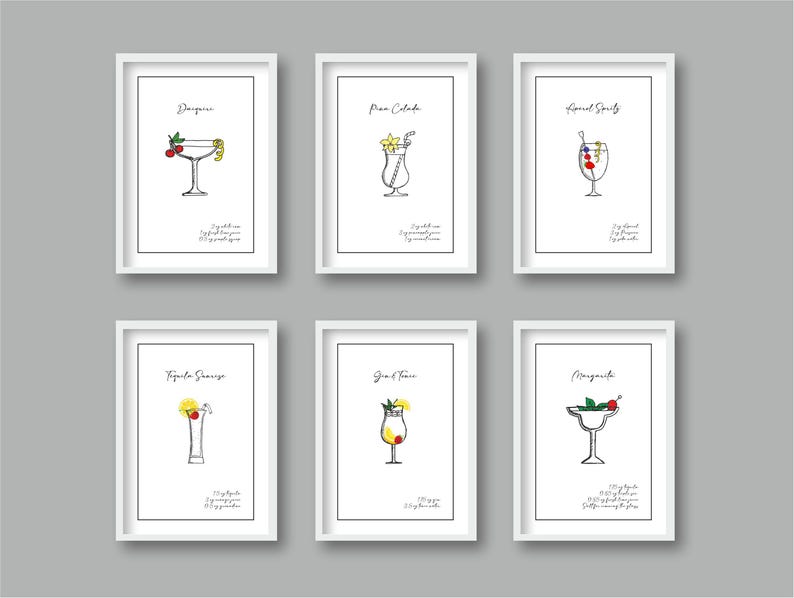 Cocktail Recipe Poster Set of 6, Printable Bar Cart Wall Art ...