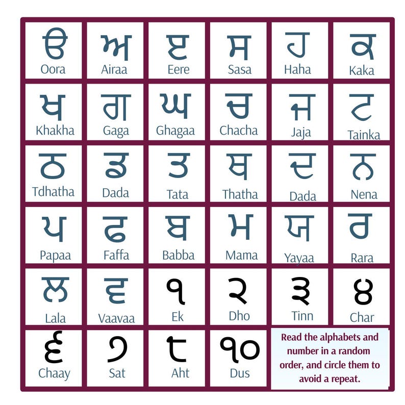 Punjabi Letters and Numbers Bingo Card- Set of 10 Cards - Etsy
