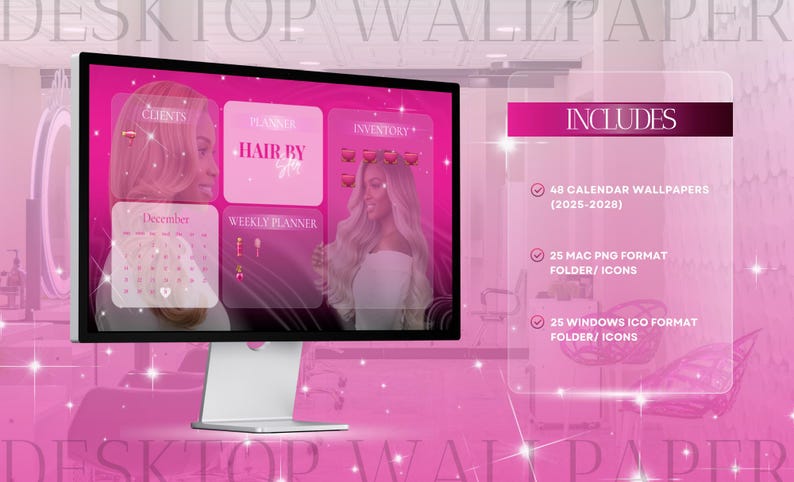 Editable Digital Calendar 2026-2028 and Folder Icons Set: Pink Desktop ...