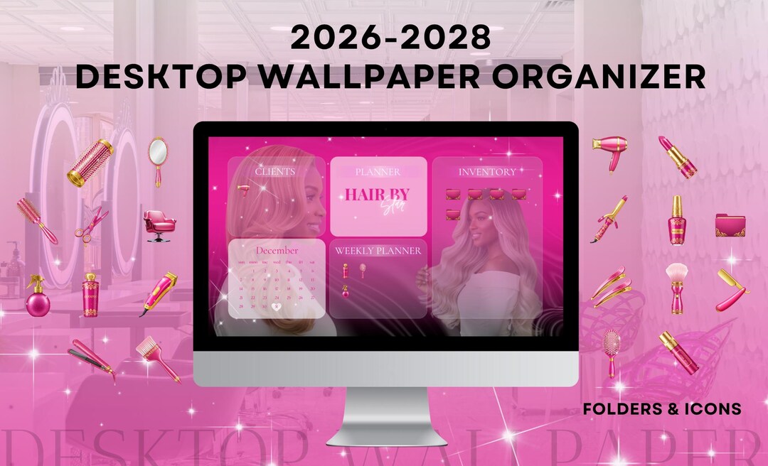 Editable Digital Calendar 2026-2028 and Folder Icons Set: Pink Desktop ...