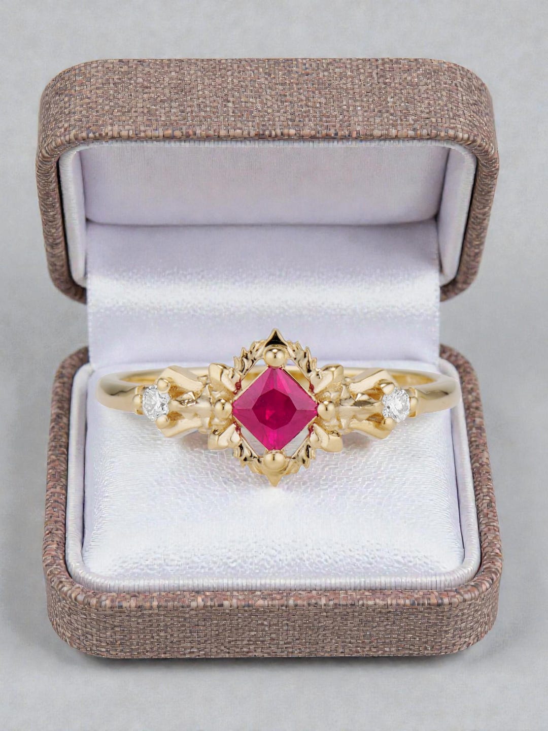 Vintage Ruby Diamond Engagement Ring | Square Cut Ruby Gold Ring ...