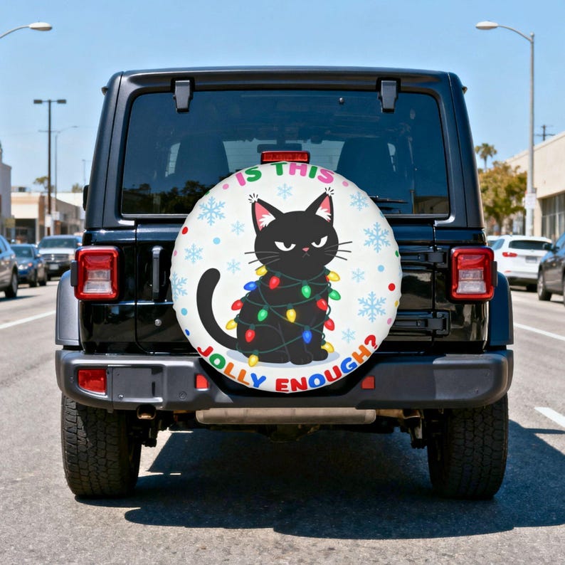 Funny Black Cat Christmas Tire Cover – “is This Jolly Enough?” Grumpy ...