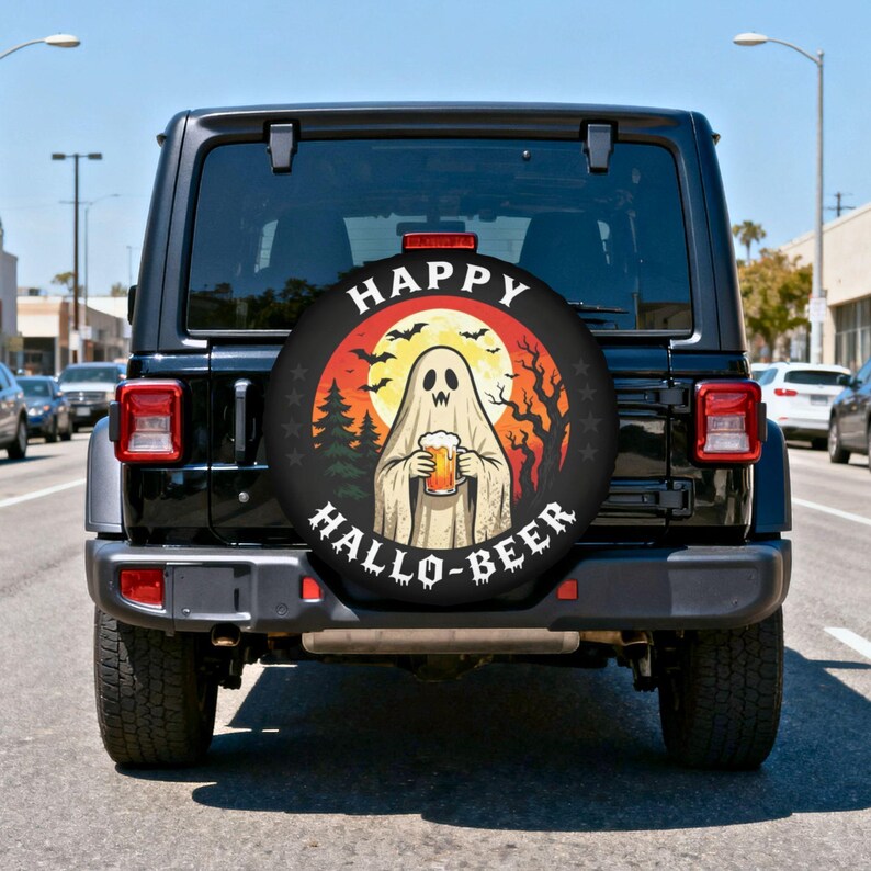 Happy Hallo-beer Spare Tire Cover, Funny Ghost Beer Halloween SUV RV ...