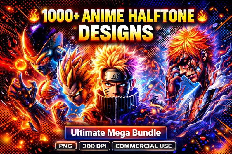 1000+ Anime Halftone PNG Bundle for DTF DTG Printing, Premium Anime ...