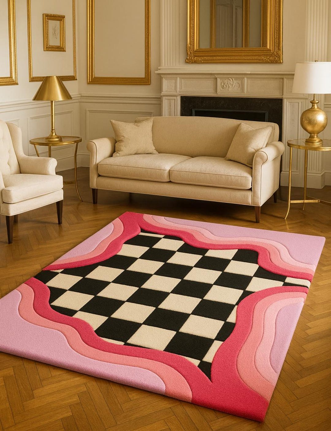 Luxury Hand-tufted Checkerboard Rug With Wavy Pink Border – Modern ...