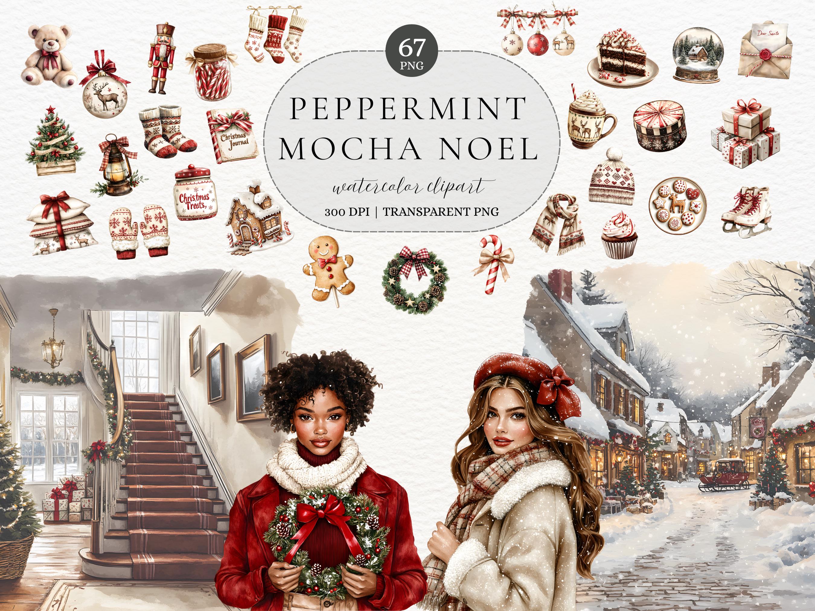 Cozy Christmas Clipart Watercolor Peppermint Mocha Christmas Digital ...