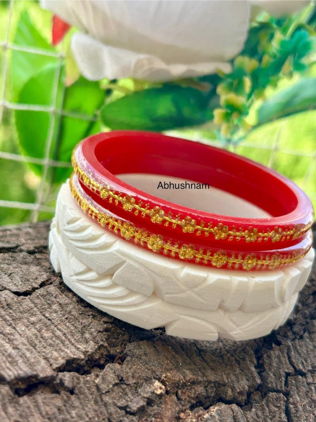 Bengali Shakha Pola Bangles: Red and White Flower Design, Copper Plated ...