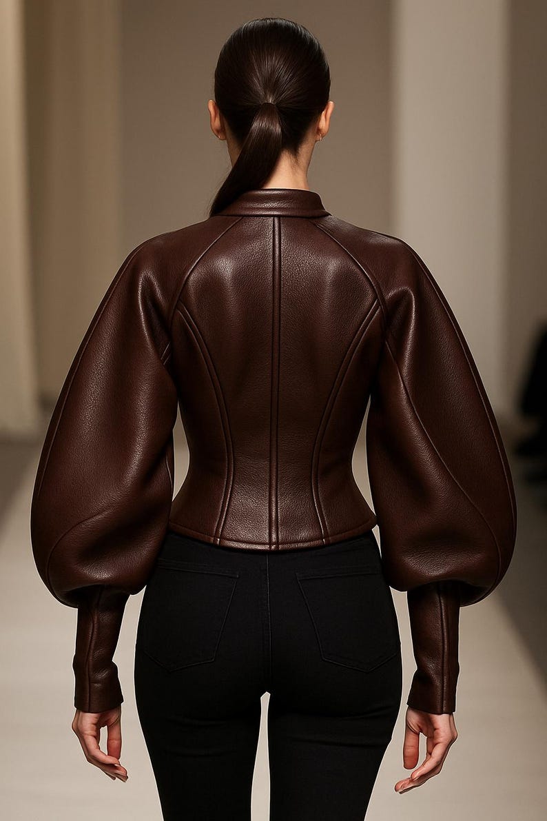 Handmade Cropped Sheep Leather Jacket: Balloon Sleeves, Designer ...