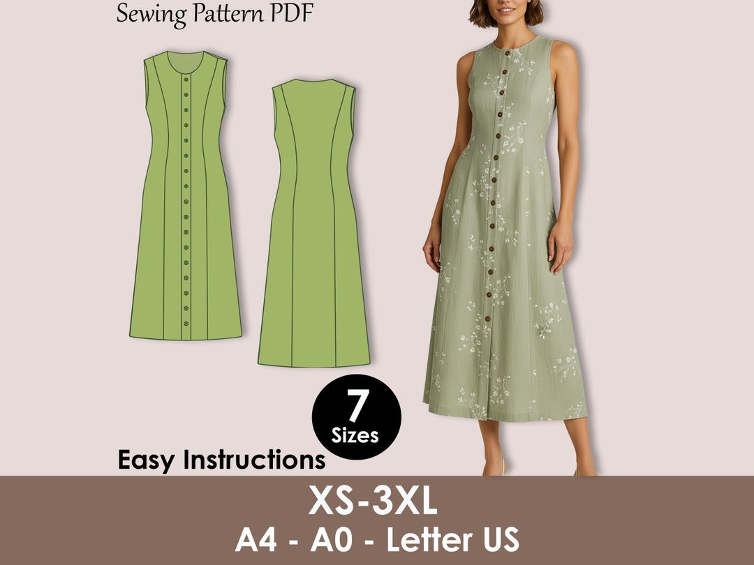 Linen Button Front Dress Sewing Pattern PDF, Sleeveless A-line Long ...