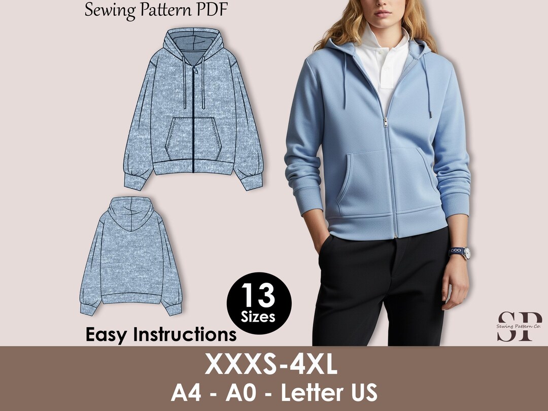 Slouchy Zip-up Hoodie Sewing Pattern PDF | Oversized Unisex Hoodie With ...