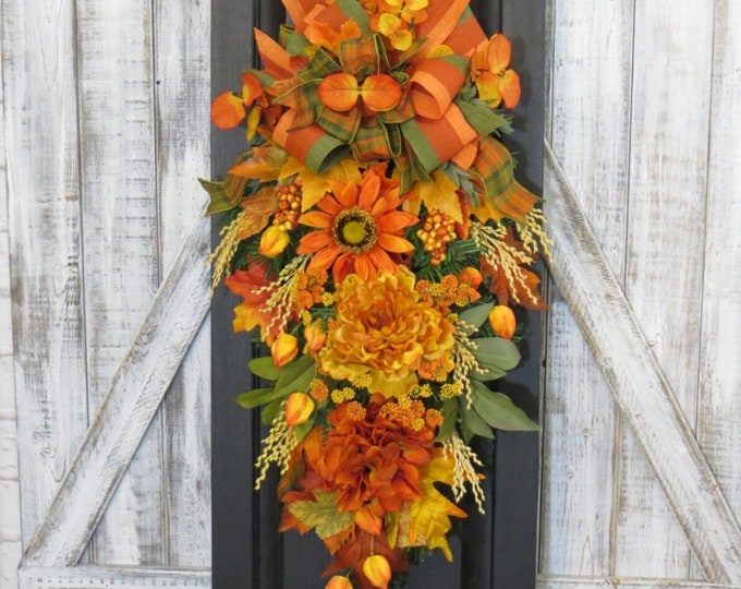 Fall Swag for Front Door, Fall Teardrop Swag, Autumn Green and Orange ...