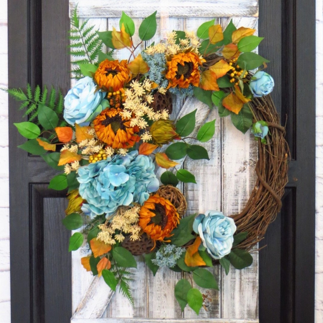 Rust Orange and Teal Fall Wreath Rustic Fall Sunflower - Etsy