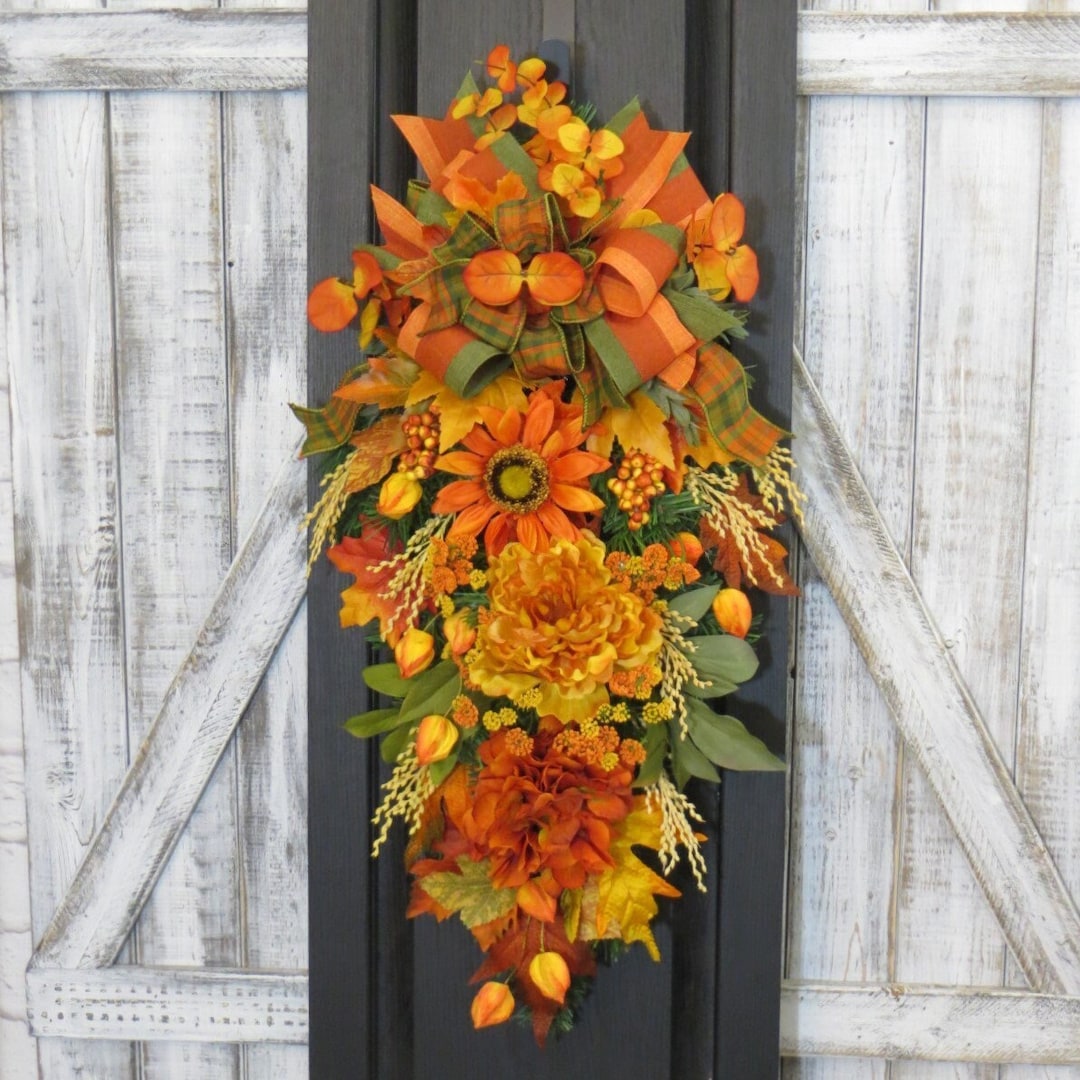 Fall Swag for Front Door, Fall Teardrop Swag, Autumn Green and Orange ...