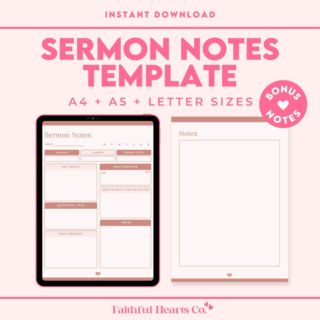 Sermon Notes Template PDF: Church Bible Study Journal, Christian ...