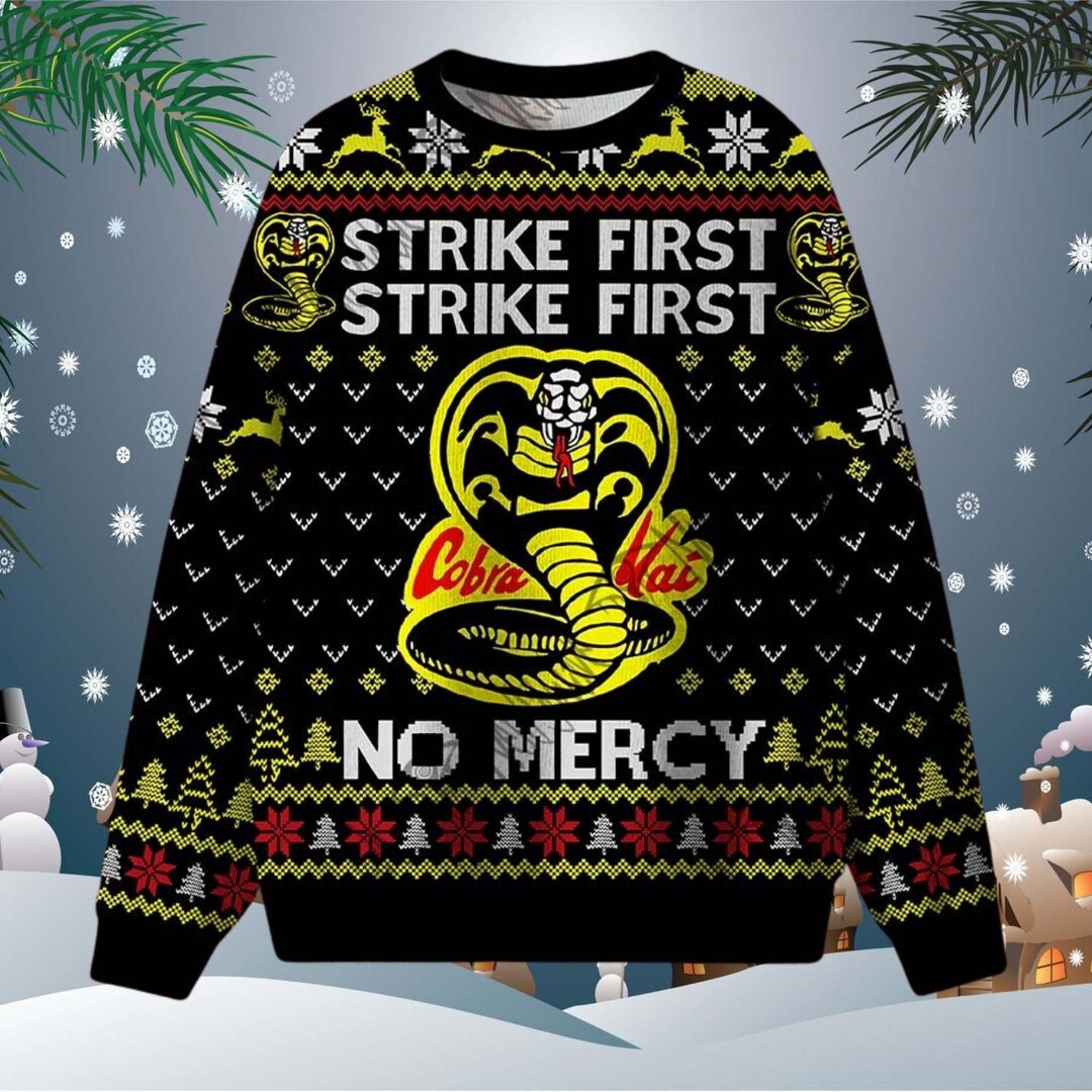 Strike First No Mercy Snake Logo Ugly Christmas Sweater, Funny Martial ...