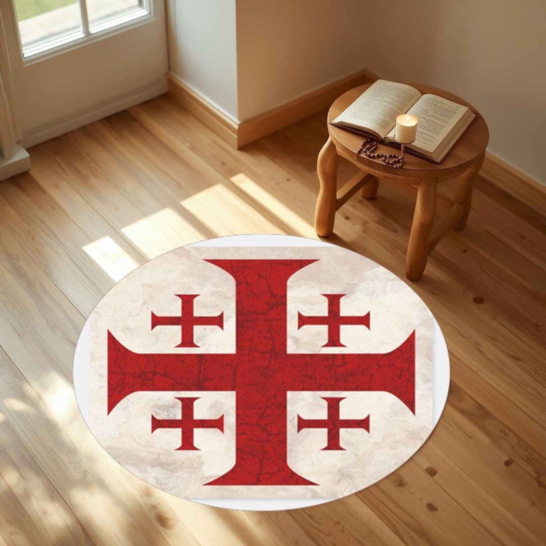 Round Christian Prayer Mat With Jerusalem Cross: Dijital Print ...