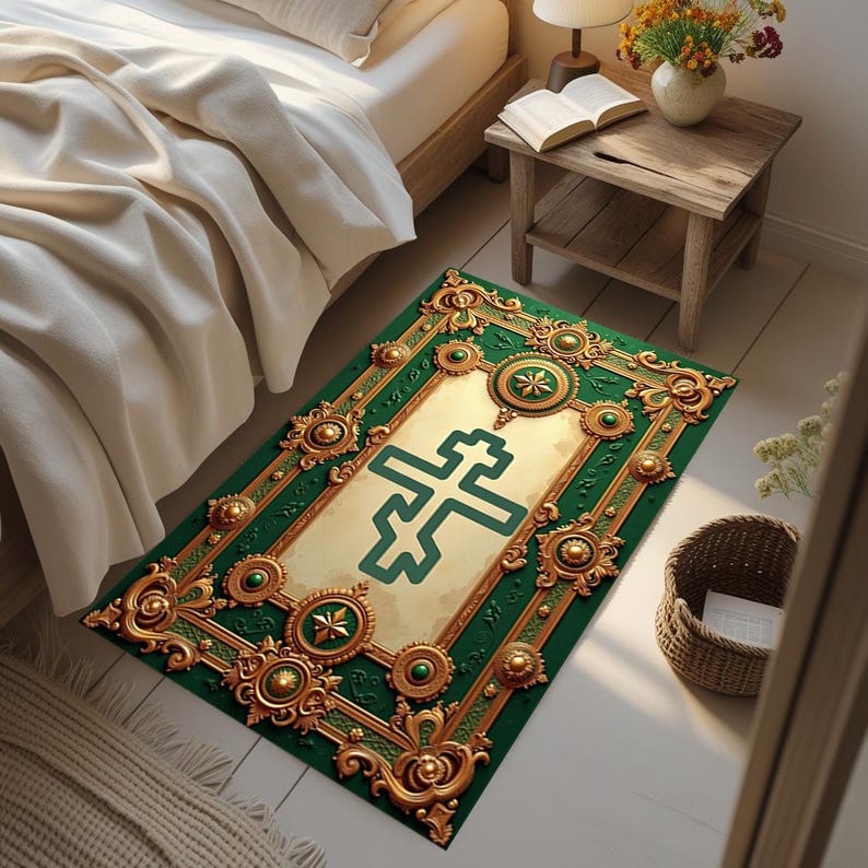 Green Orthodox Christian Prayer Mat, Cotton Backing Green Cross Rug ...