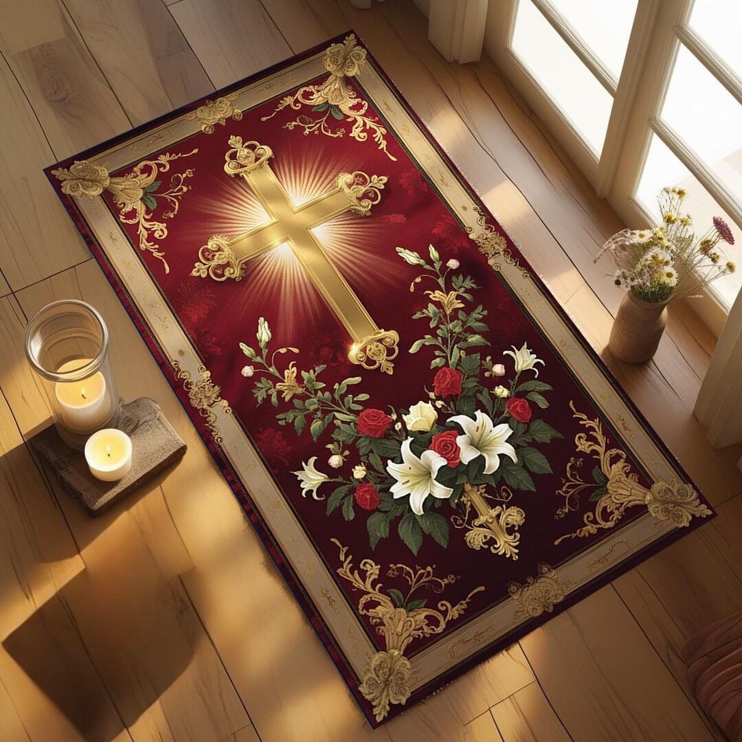 Floral Cross Christian Prayer Rug: Catholic Home Decor - Etsy