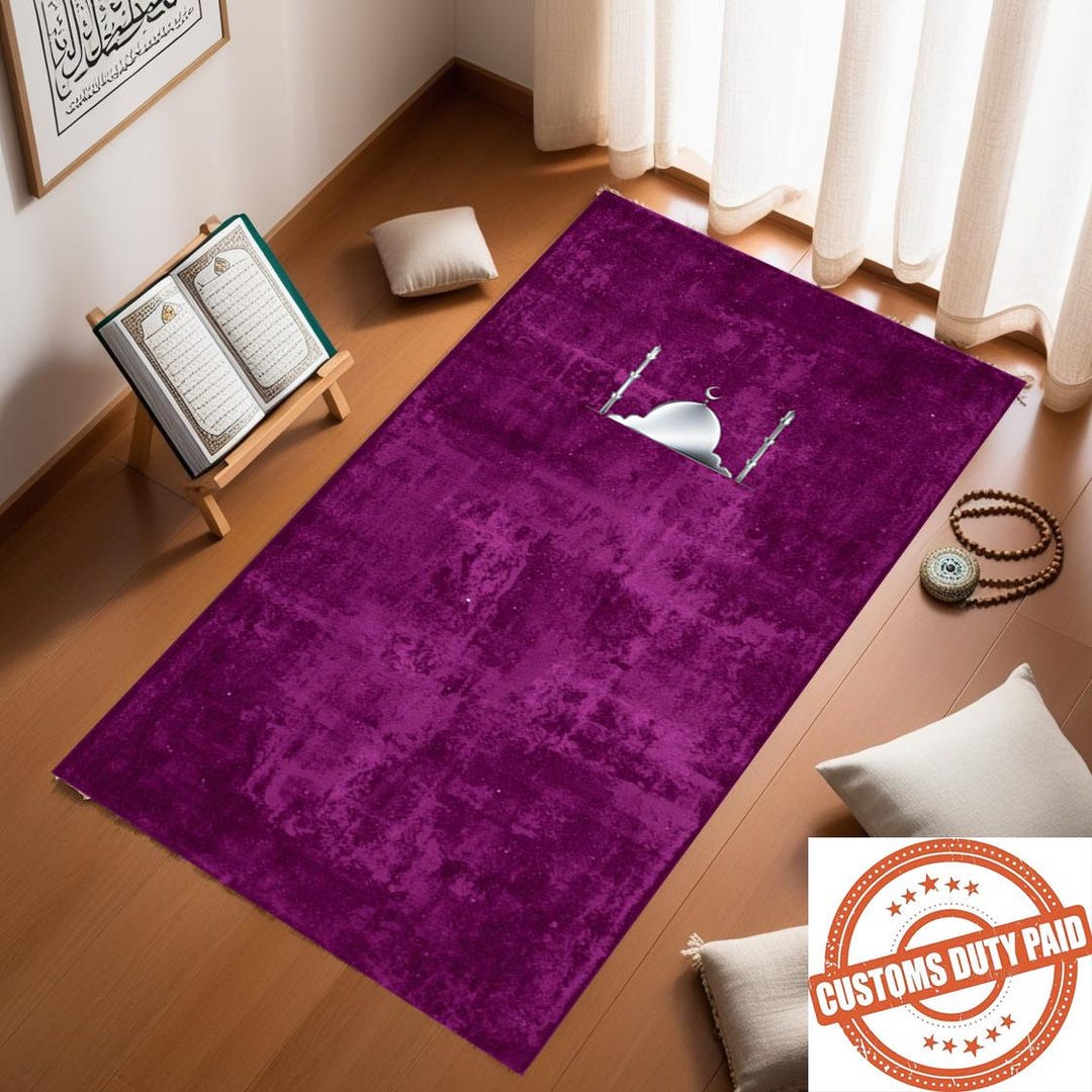 Luxury Minimal Velvet Purple Prayer Rug, Silver Islamic Design, Premium ...