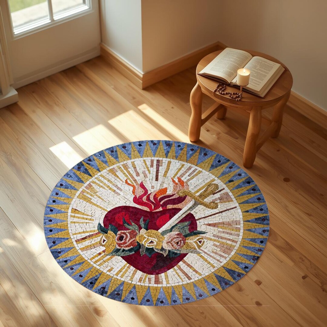 Round Christian Prayer Mat,dijital Print Sacred Heart Rug for Prayer ...