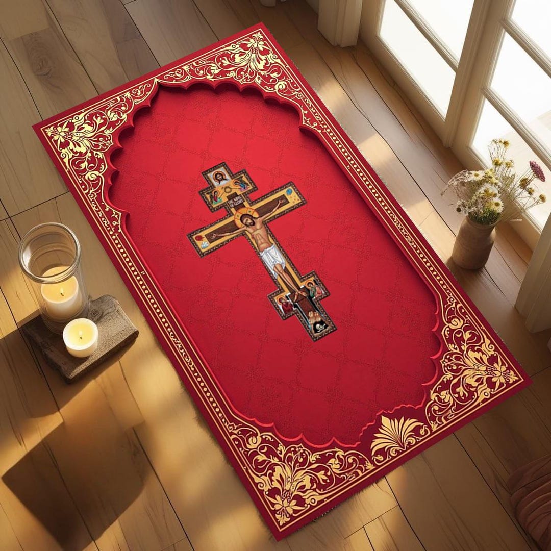 Red and Gold Orthodox Prayer Mat: Jesus Crucifix Rug for Home Altar - Etsy