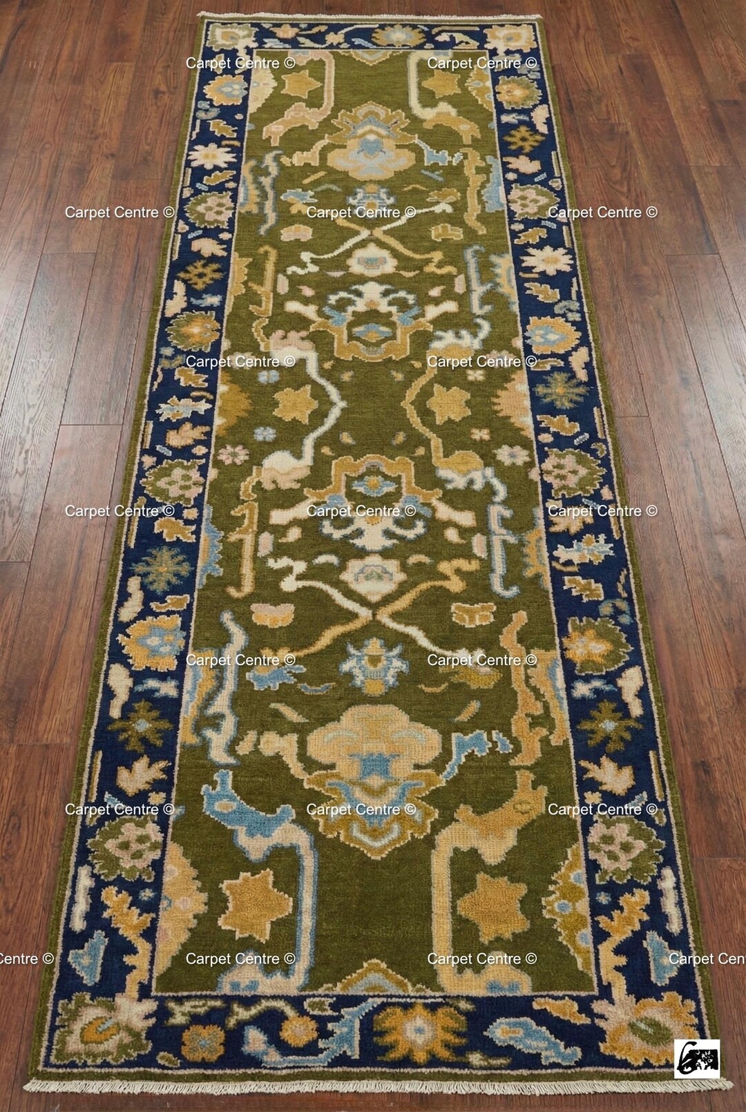 Hand Knotted Oushak Runner, Olive Green, Navy Border, Turkish Wool - Etsy
