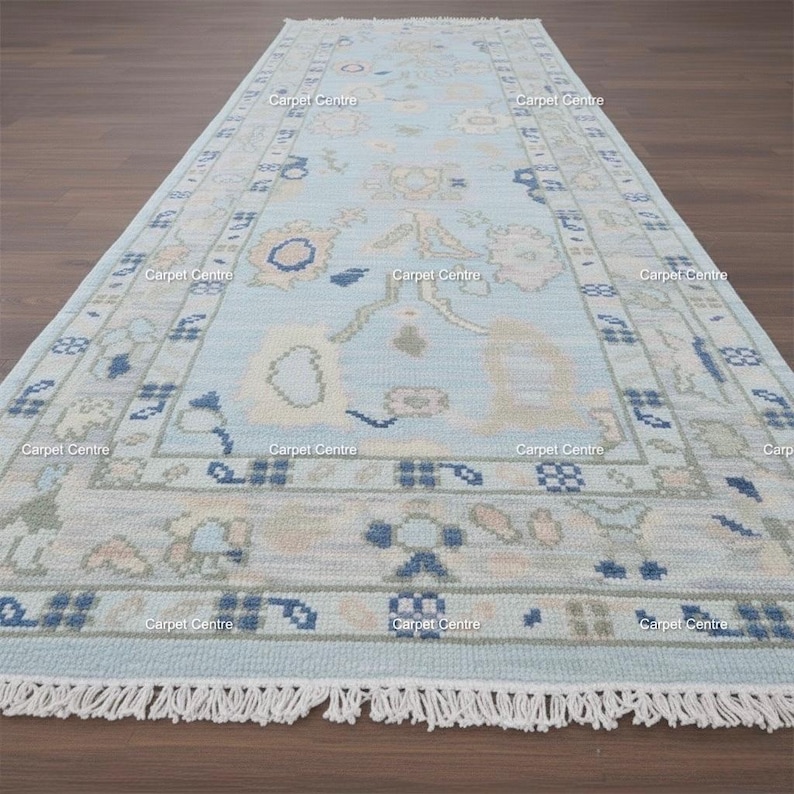 Soft Blue Oushak Hand-knotted Wool Runner Rug Multicolour Floral ...
