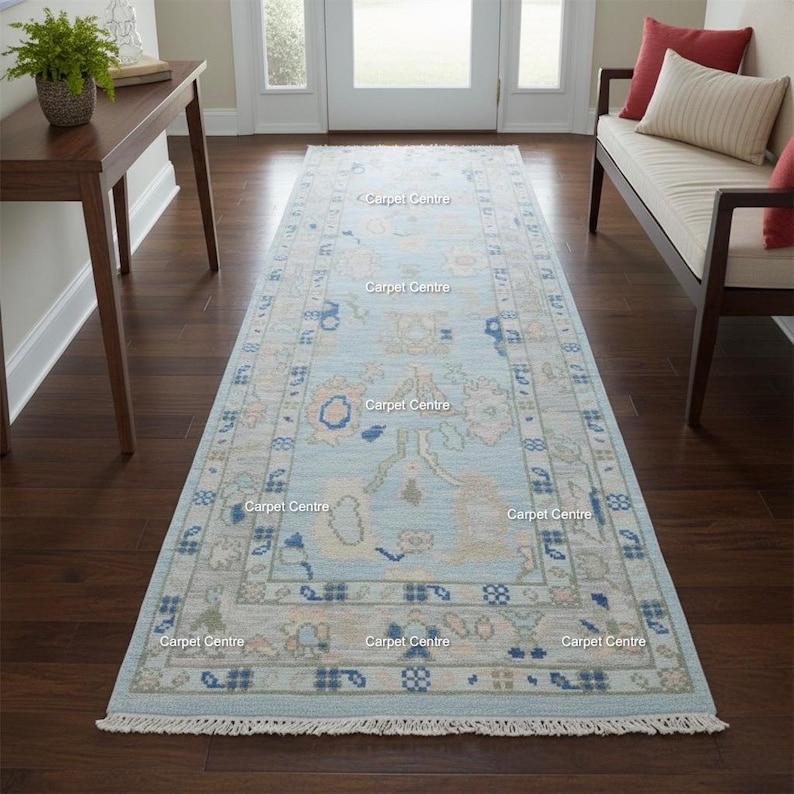 Soft Blue Oushak Hand-knotted Wool Runner Rug Multicolour Floral ...