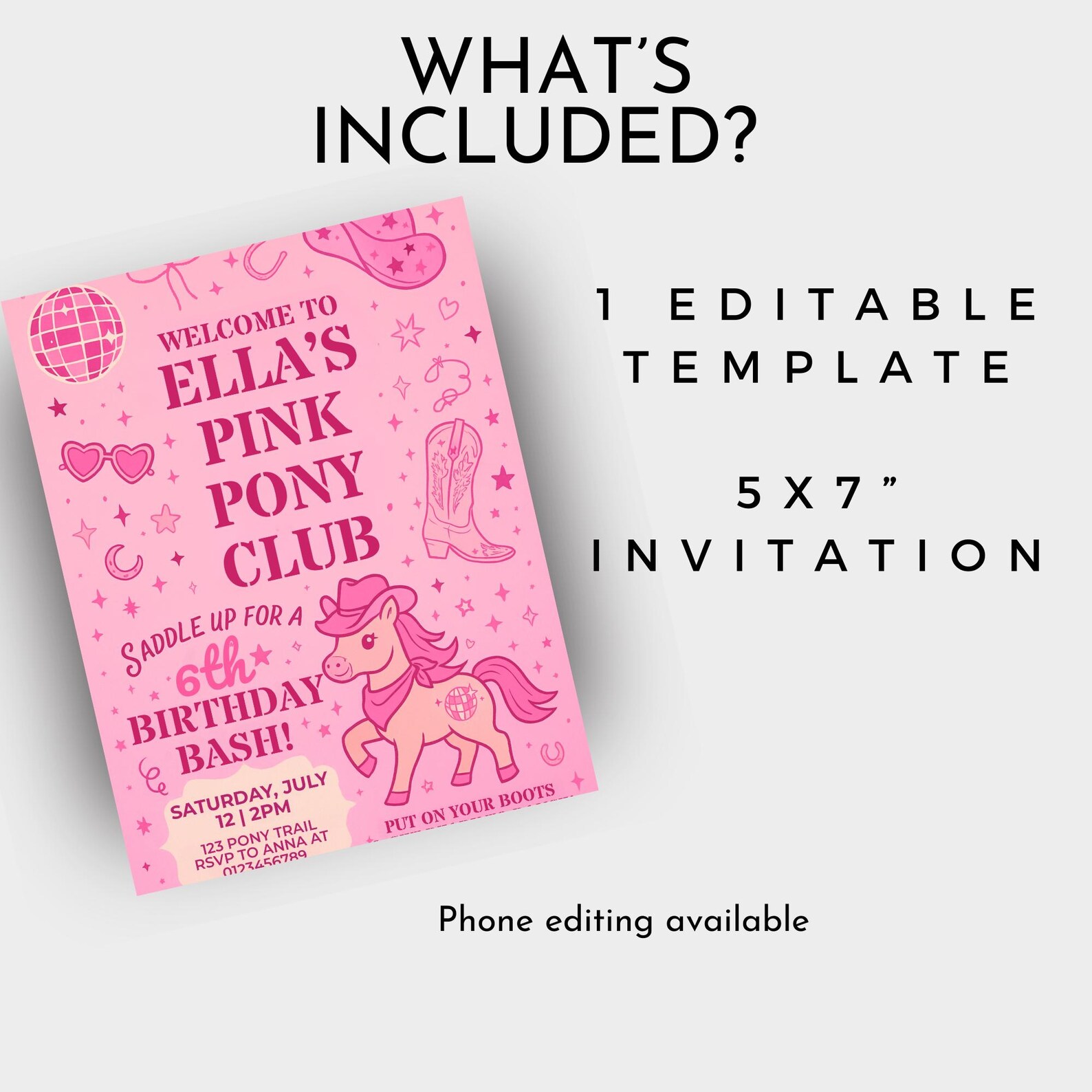 Pink Pony Club Birthday Invitation Template - Editable Digital Download ...