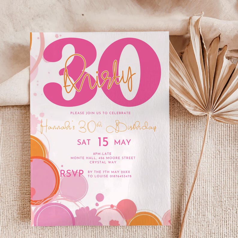 Pink & Orange 30th Birthday Invitation: Editable Template (digital ...