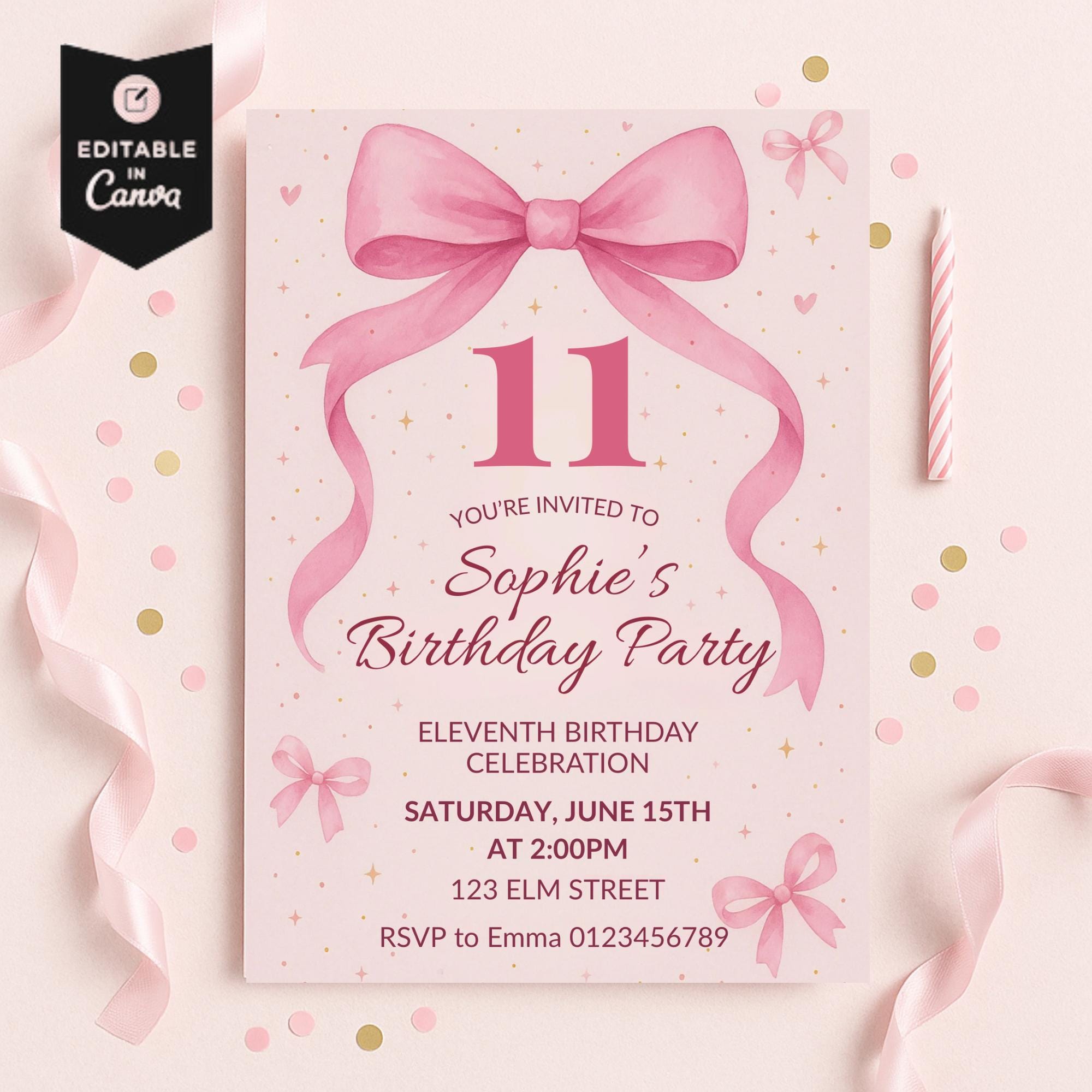 11th Birthday Invite, Editable Pink Bow Invitation for Girls, Tween ...
