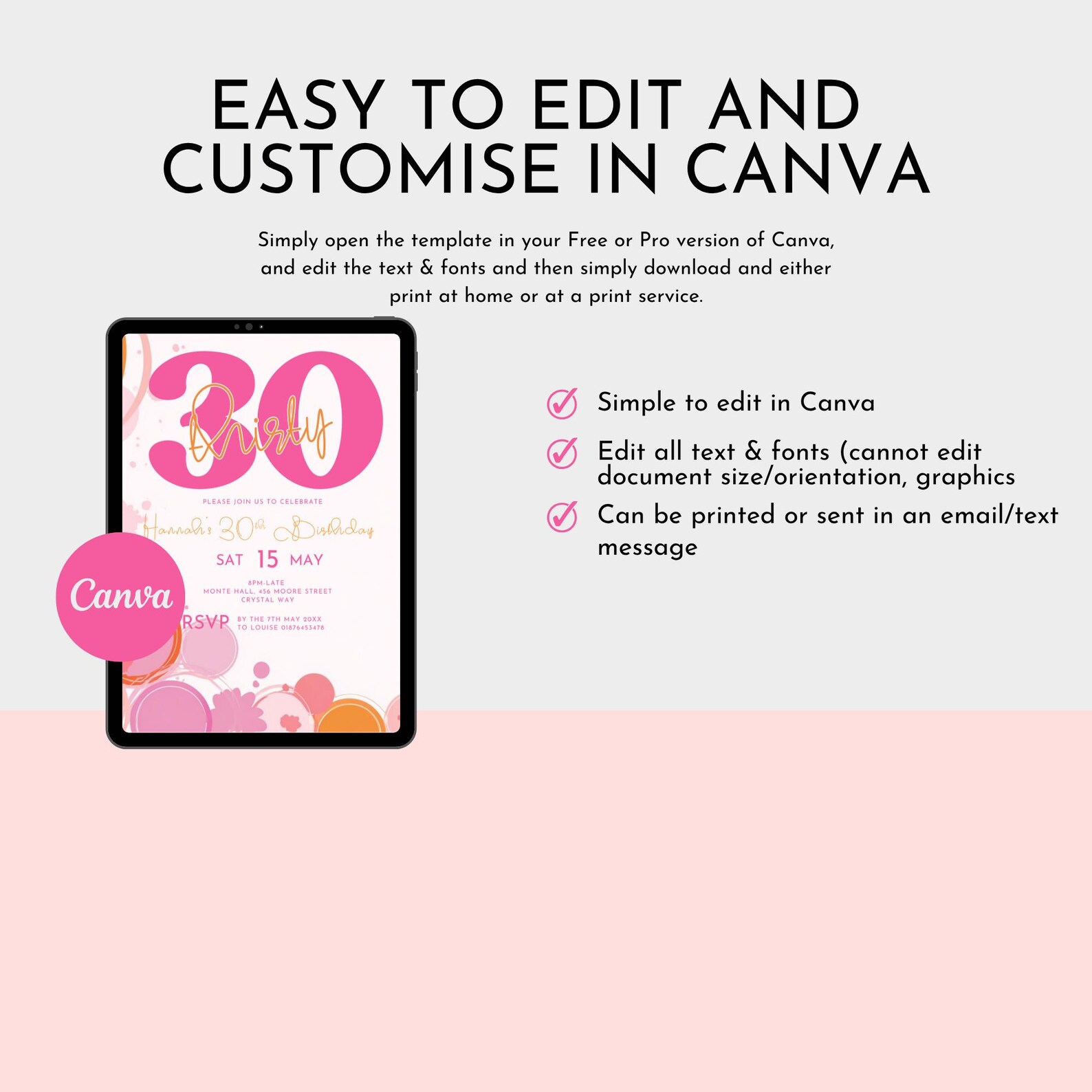 Pink & Orange 30th Birthday Invitation: Editable Template (digital ...