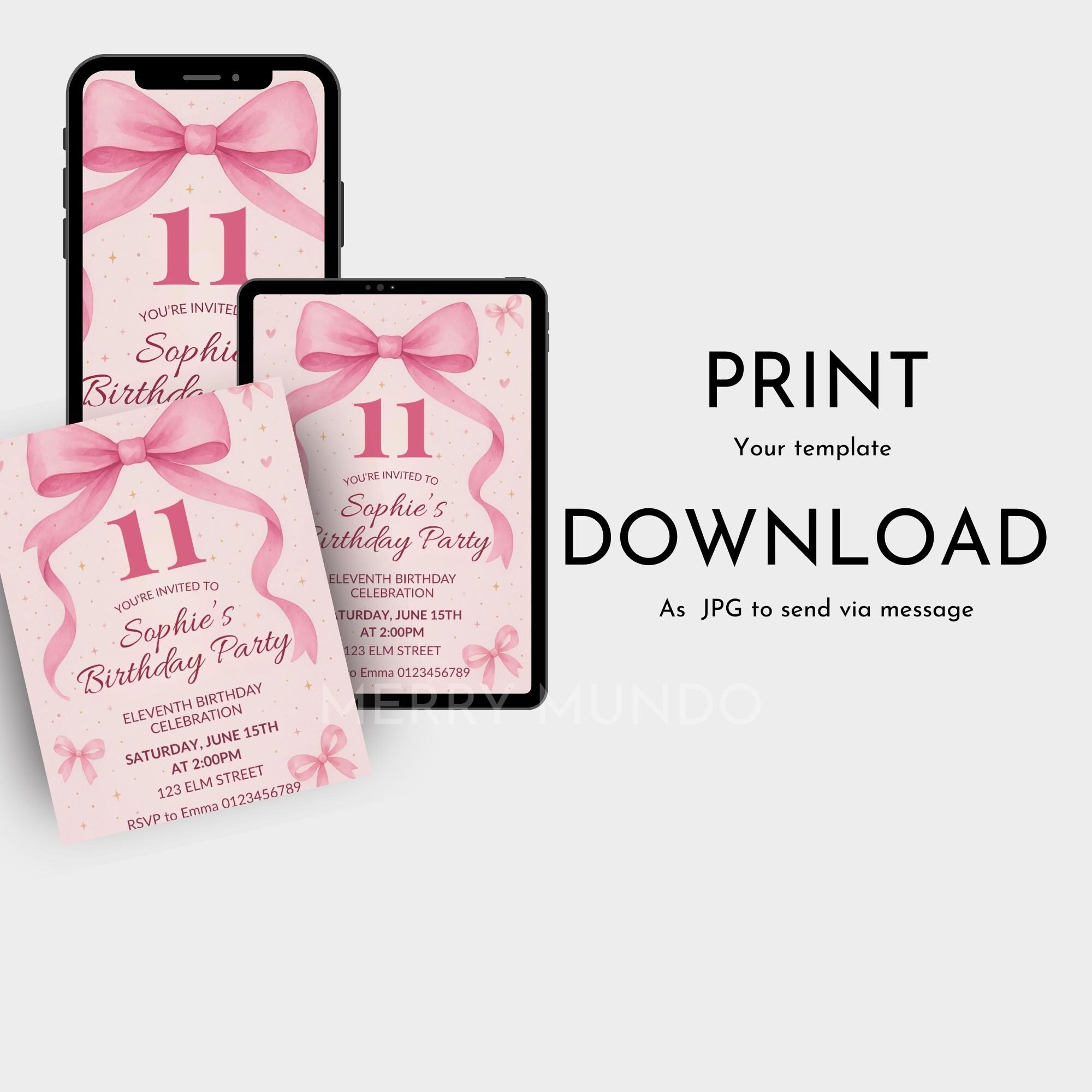11th Birthday Invite, Editable Pink Bow Invitation for Girls, Tween ...
