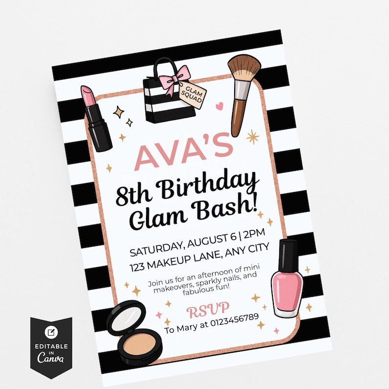 Birthday Invitation for Girls, Makeup Glam Party Invite, Digital ...