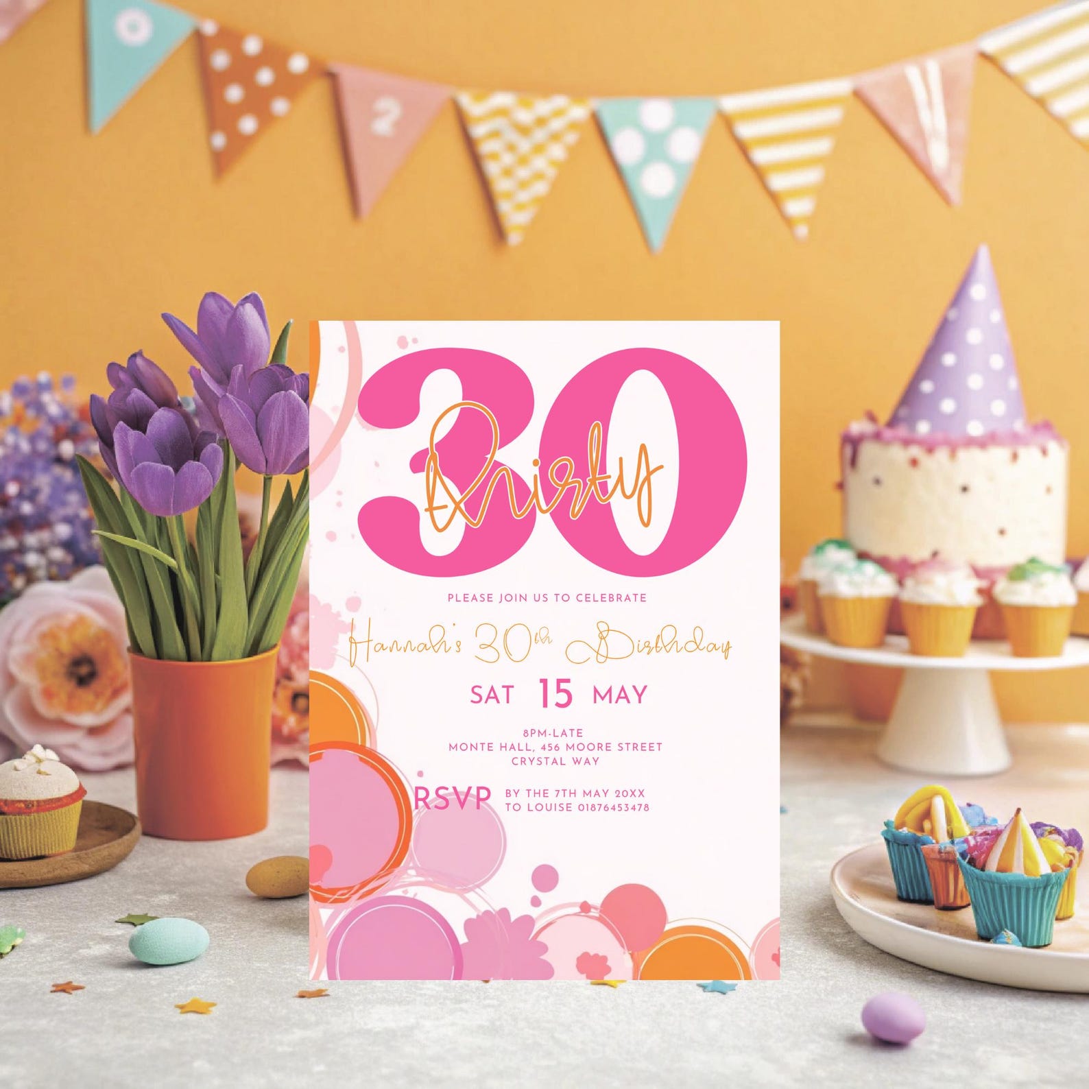 Pink & Orange 30th Birthday Invitation: Editable Template (digital ...
