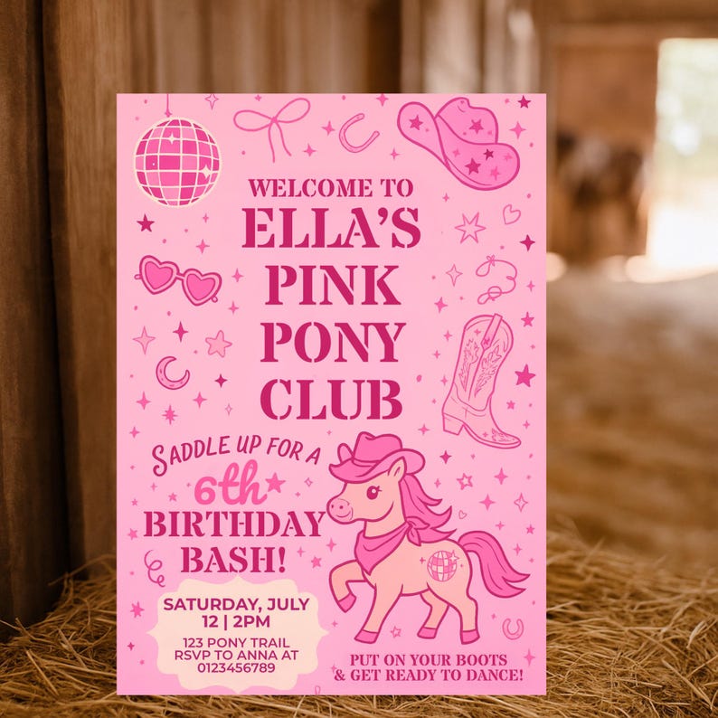 Pink Pony Club Birthday Invitation Template - Editable Digital Download ...