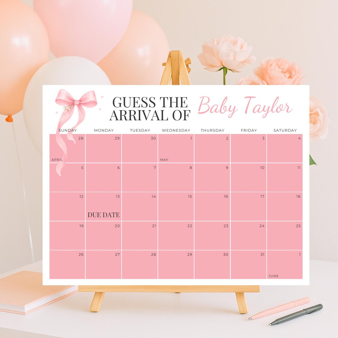 Pink Bow Editable Due Date Sign, Printable Baby Shower Game, Digital ...