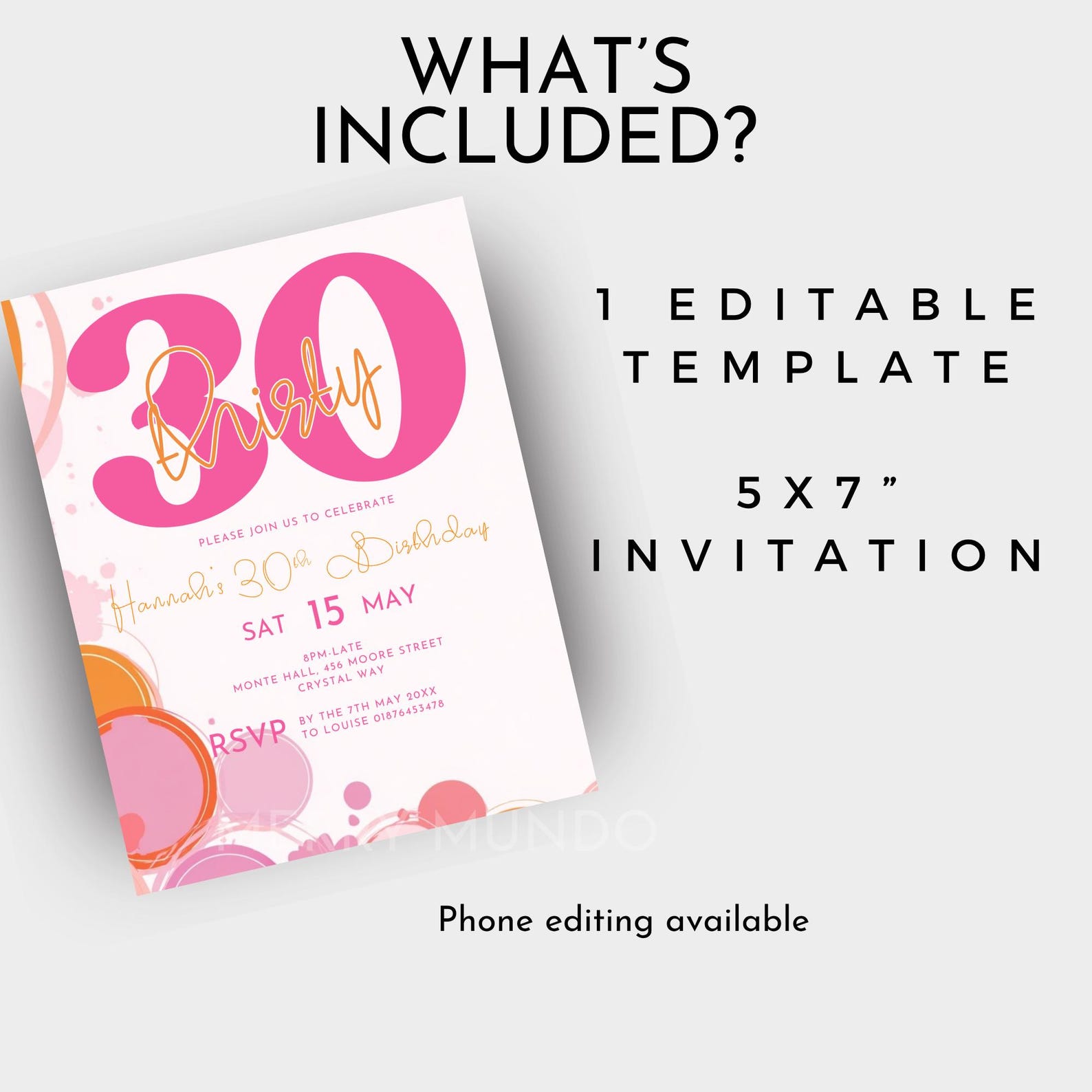 Pink & Orange 30th Birthday Invitation: Editable Template (digital ...